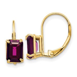 emerald cut natural rhodolite garnet leverback earrings in 14k yellow gold 7x5mm