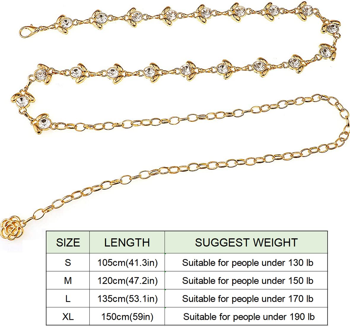 Glamorstar Chain Belt for Women Rhinestone Crystal Waist Belts for Dress Gift Plus Size Gold 135CM/53.1IN