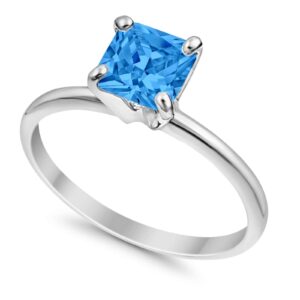 Blue Topaz CZ-Size-7 Princess Cut Solitaire Minimal Elegant Design Wedding Engagement Ring Cubic Zirconia 925 Sterling Silver