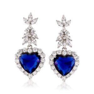 ross-simons 14.50 ct. t.w. simulated sapphire and 5.26 ct. t.w. cz heart drop earrings in sterling silver