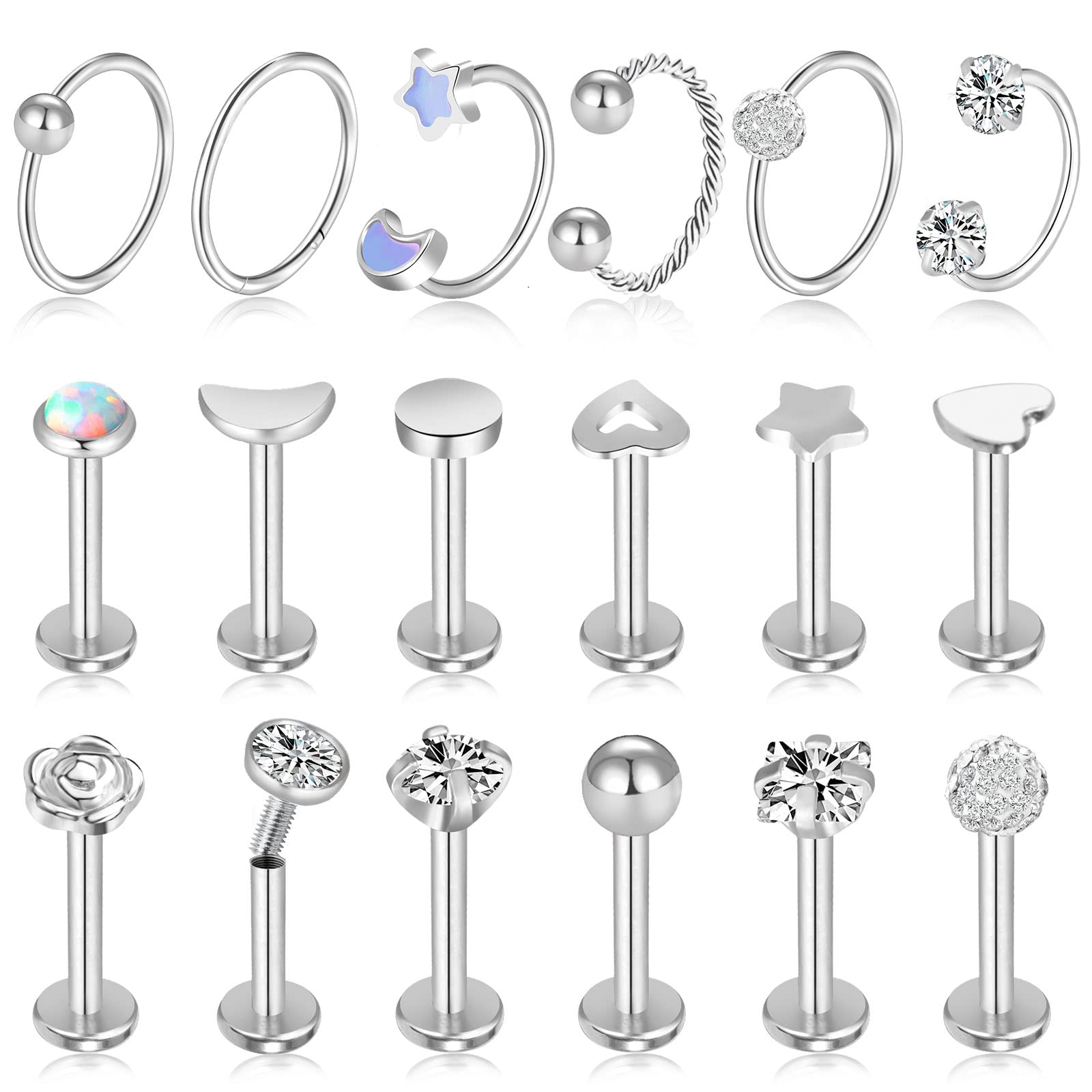 ONESING 18 Pcs 16G Tragus Earrings for Women Piercing Jewelry Cartilage Earring Studs Barbell Lip Stainless Steel