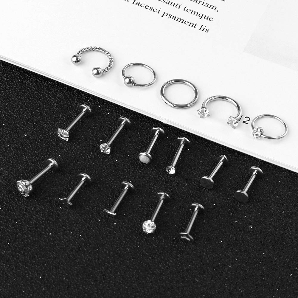 ONESING 18 Pcs 16G Tragus Earrings for Women Piercing Jewelry Cartilage Earring Studs Barbell Lip Stainless Steel