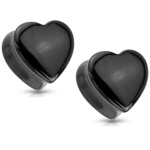 pierced owl natural black onyx heart shaped saddle plug gauges, sold as pair (12mm (1/2"))