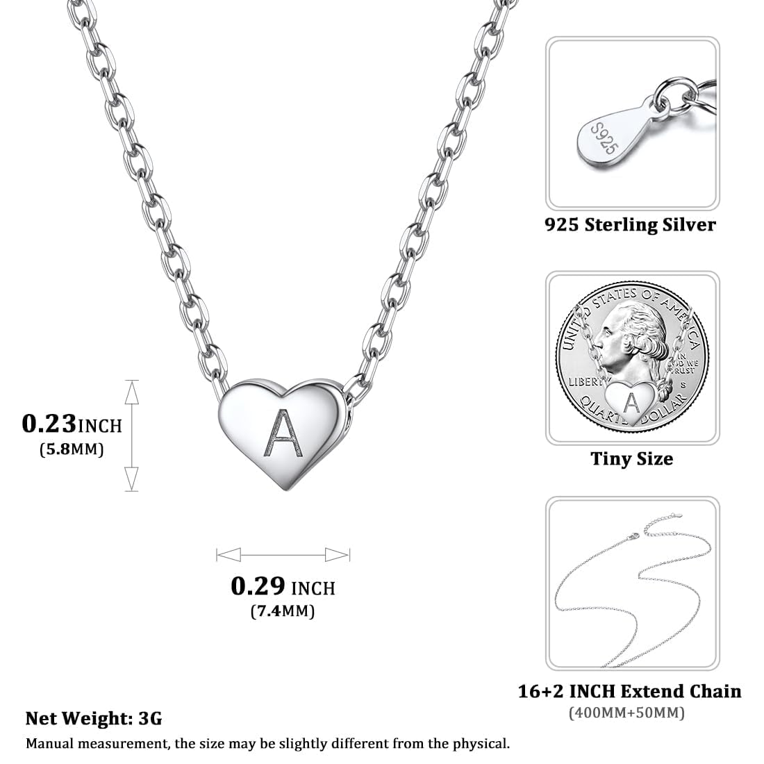 ChicSilver Initial necklaces for Women 925 Sterling Silver Small Heart Necklace Alphabet Letter J Necklace for Women - 16"+2"