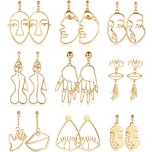 YADOCA 9 Pairs Face Hand Earrings for Women Hollow Statement Geometric Fun Abstract Art Earrings