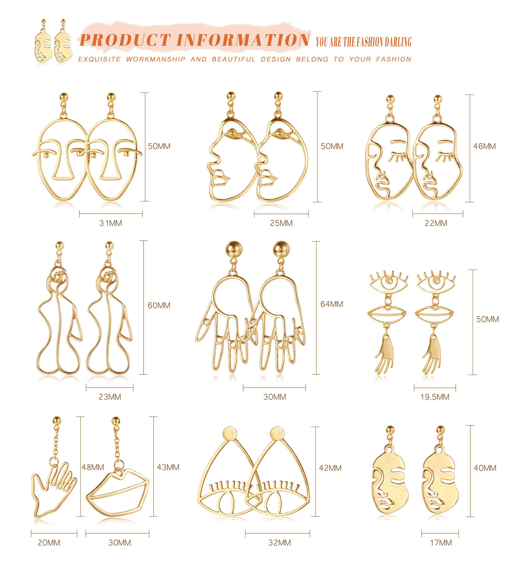 YADOCA 9 Pairs Face Hand Earrings for Women Hollow Statement Geometric Fun Abstract Art Earrings