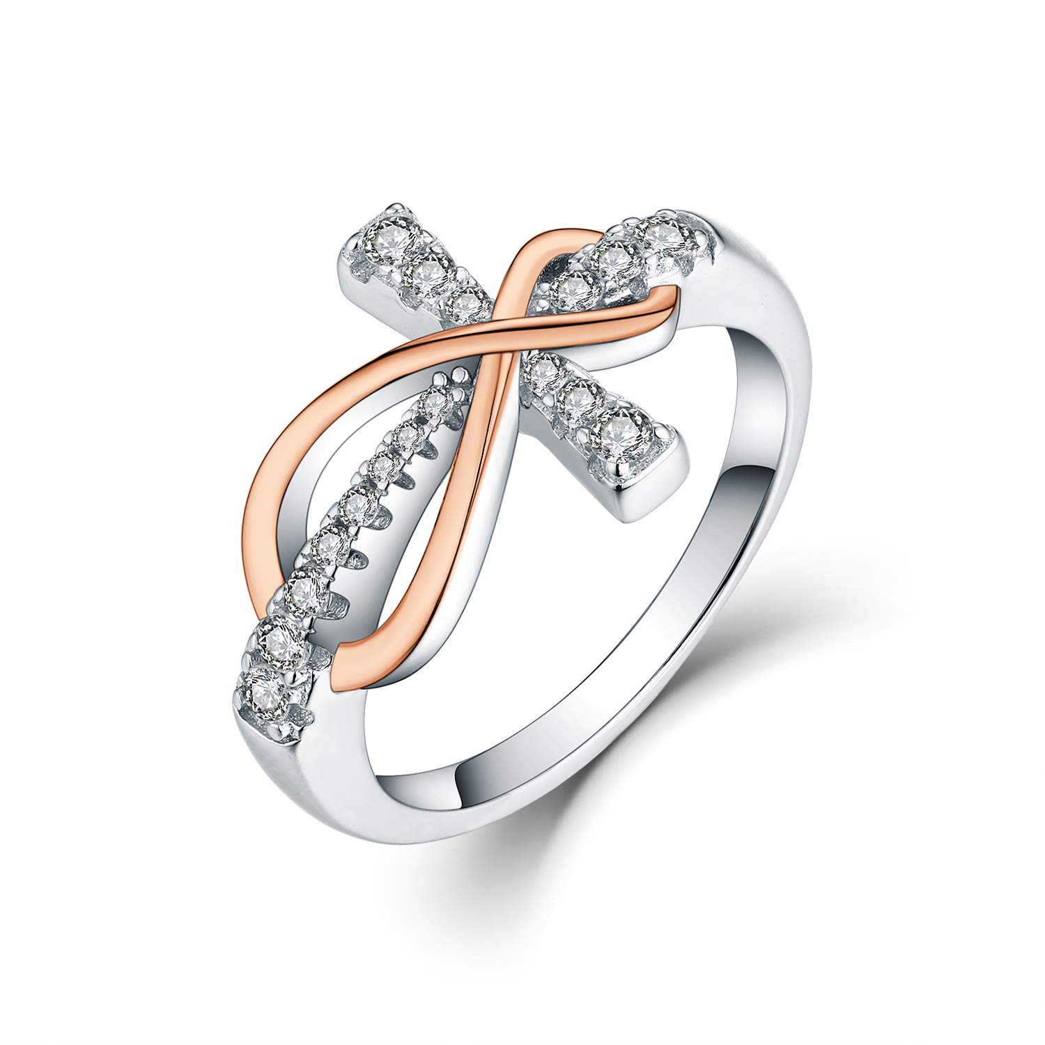 JO WISDOM 925 Sterling Silver Cubic Zirconia Cross Infinity Ring,Rose Gold Women's Infinity Wedding Engagement Statement Rings