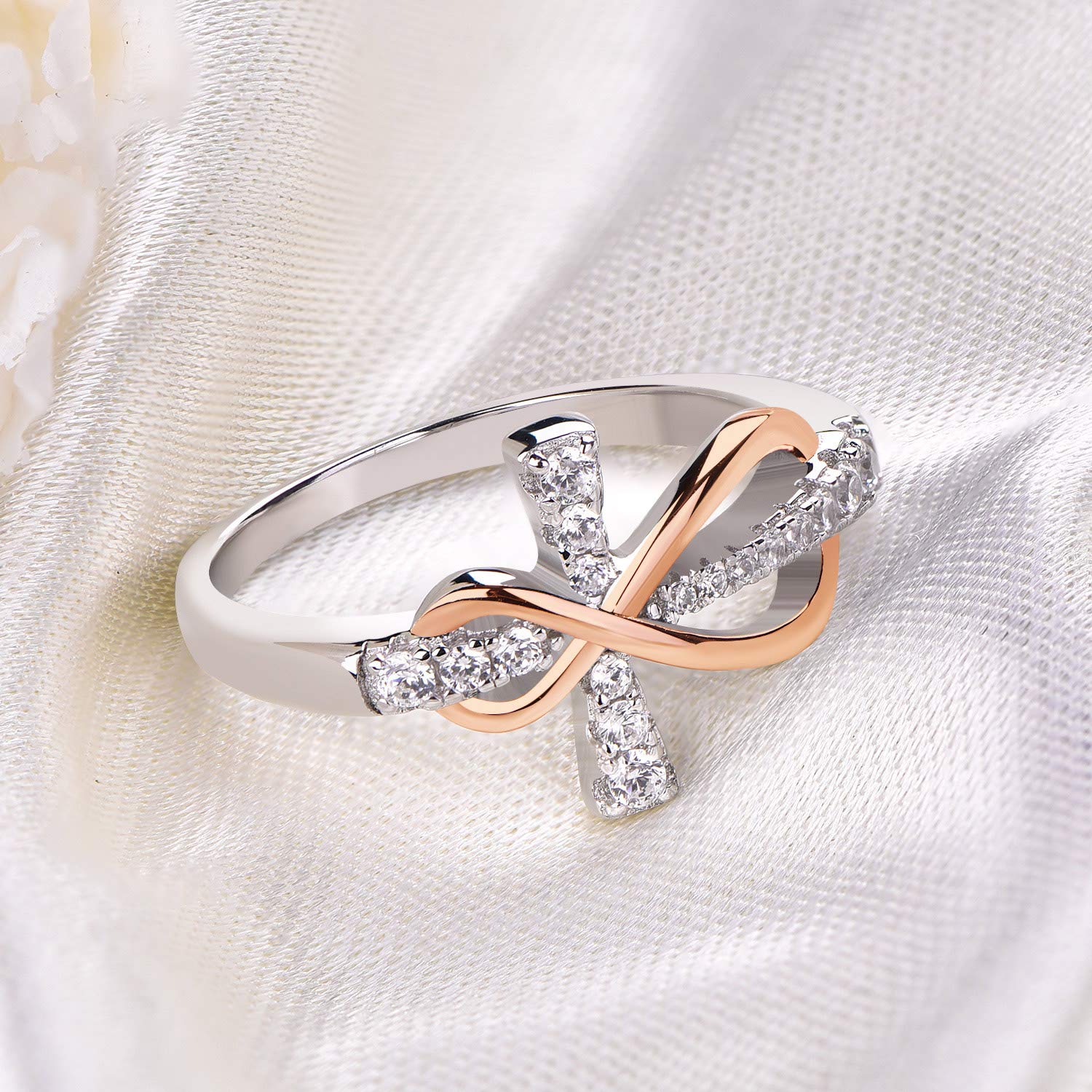 JO WISDOM 925 Sterling Silver Cubic Zirconia Cross Infinity Ring,Rose Gold Women's Infinity Wedding Engagement Statement Rings