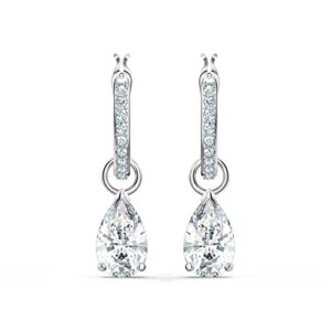 swarovski stilla attract mini hoop pierced earrings with pear shaped clear cut crystal and matching pavé on a rhodium finished setting with a hinge closure