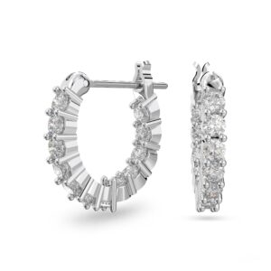 swarovski matrix vittore mini hoop pierced earrings with white circle cut crystal on a rhodium plated setting with a hinged closure