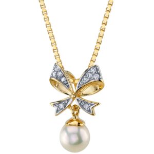 peora freshwater cultured white pearl pendant in 14k yellow gold, round shape, 5mm pretty bow-tie dangle design