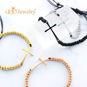 555Jewelry Stainless Steel Sideways Cross Bracelet for Women Adjustable String Bracelets Cross, Extendable Slide Cuff Bangle Beaded Bolo Bracelets for Women, Black