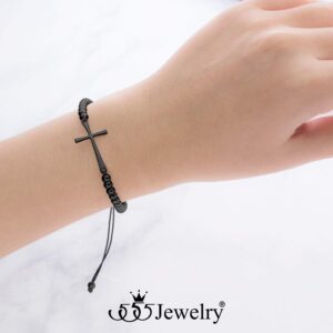 555Jewelry Stainless Steel Sideways Cross Bracelet for Women Adjustable String Bracelets Cross, Extendable Slide Cuff Bangle Beaded Bolo Bracelets for Women, Black