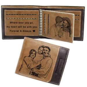 amlion personalized custom wallets, engraved leather photo wallet for men dad husband brown