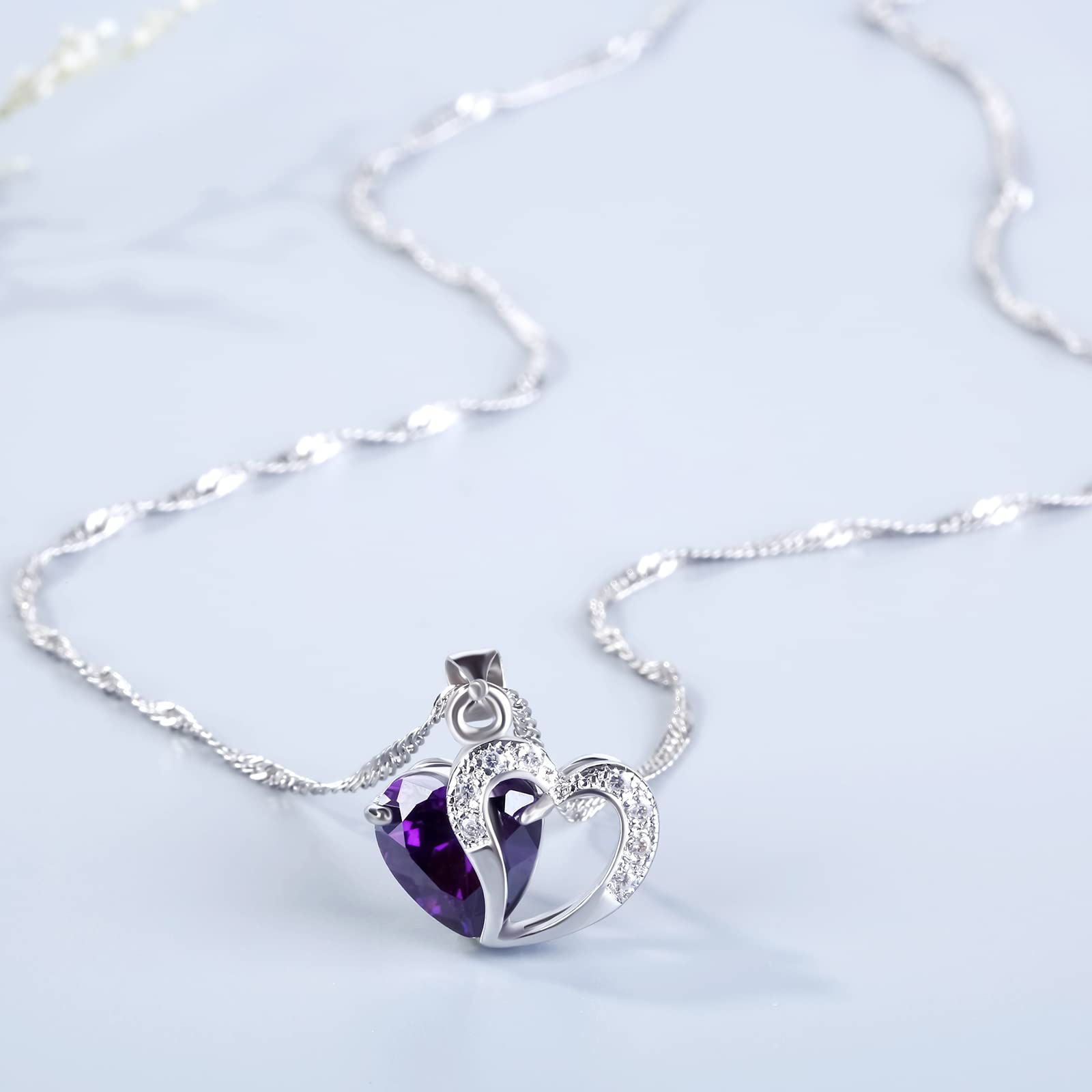 Jeulia 925 Silver Double Heart Pendant Necklace Amethyst Diamond Pendant with CZ Stone Romantic Jewelry Gifts for Her Mother’s day Aniversary Promise Gift (Silver) (Purple)