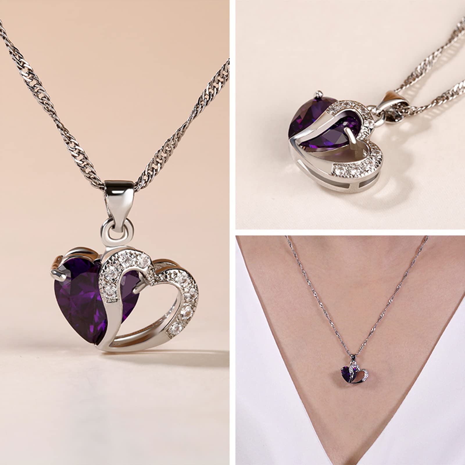 Jeulia 925 Silver Double Heart Pendant Necklace Amethyst Diamond Pendant with CZ Stone Romantic Jewelry Gifts for Her Mother’s day Aniversary Promise Gift (Silver) (Purple)