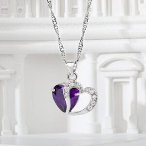 Jeulia 925 Silver Double Heart Pendant Necklace Amethyst Diamond Pendant with CZ Stone Romantic Jewelry Gifts for Her Mother’s day Aniversary Promise Gift (Silver) (Purple)