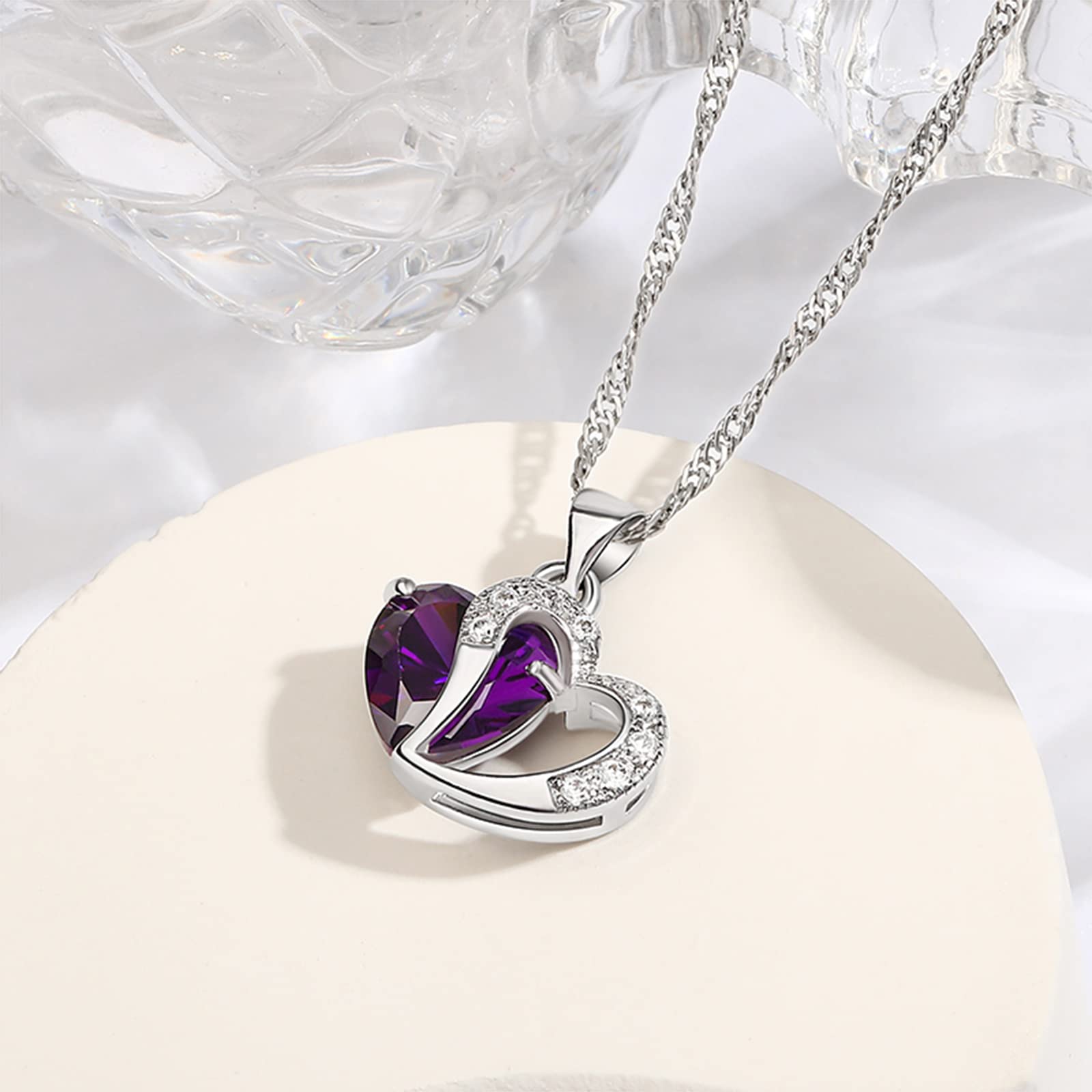 Jeulia 925 Silver Double Heart Pendant Necklace Amethyst Diamond Pendant with CZ Stone Romantic Jewelry Gifts for Her Mother’s day Aniversary Promise Gift (Silver) (Purple)