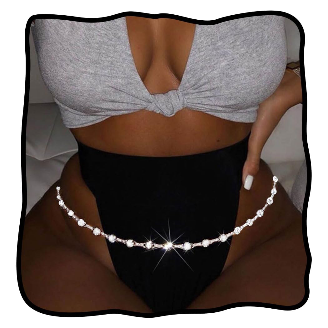 Nicute Boho Rhinestone Belly Chain Waist Chains Summer Crystal Body Jewelry for Women and Girls (Silver)