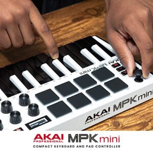 AKAI Professional MPK Mini MK3 - 25 Key USB MIDI Keyboard Controller With 8 Backlit Drum Pads, 8 Knobs and Music Production Software Included, White