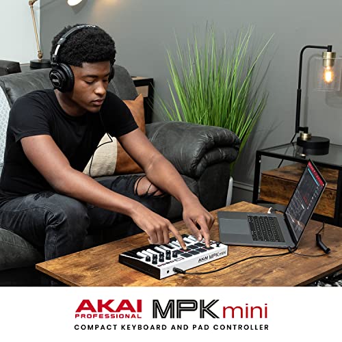 AKAI Professional MPK Mini MK3 - 25 Key USB MIDI Keyboard Controller With 8 Backlit Drum Pads, 8 Knobs and Music Production Software Included, White