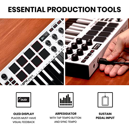 AKAI Professional MPK Mini MK3 - 25 Key USB MIDI Keyboard Controller With 8 Backlit Drum Pads, 8 Knobs and Music Production Software Included, White