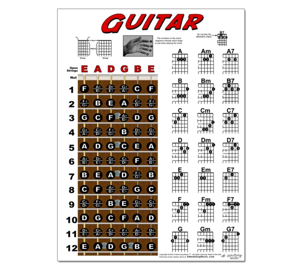 Laminated Guitar Fretboard & Chord Chart - Easy Instructional Poster for Beginner 8.5"x11" | A New Song Music