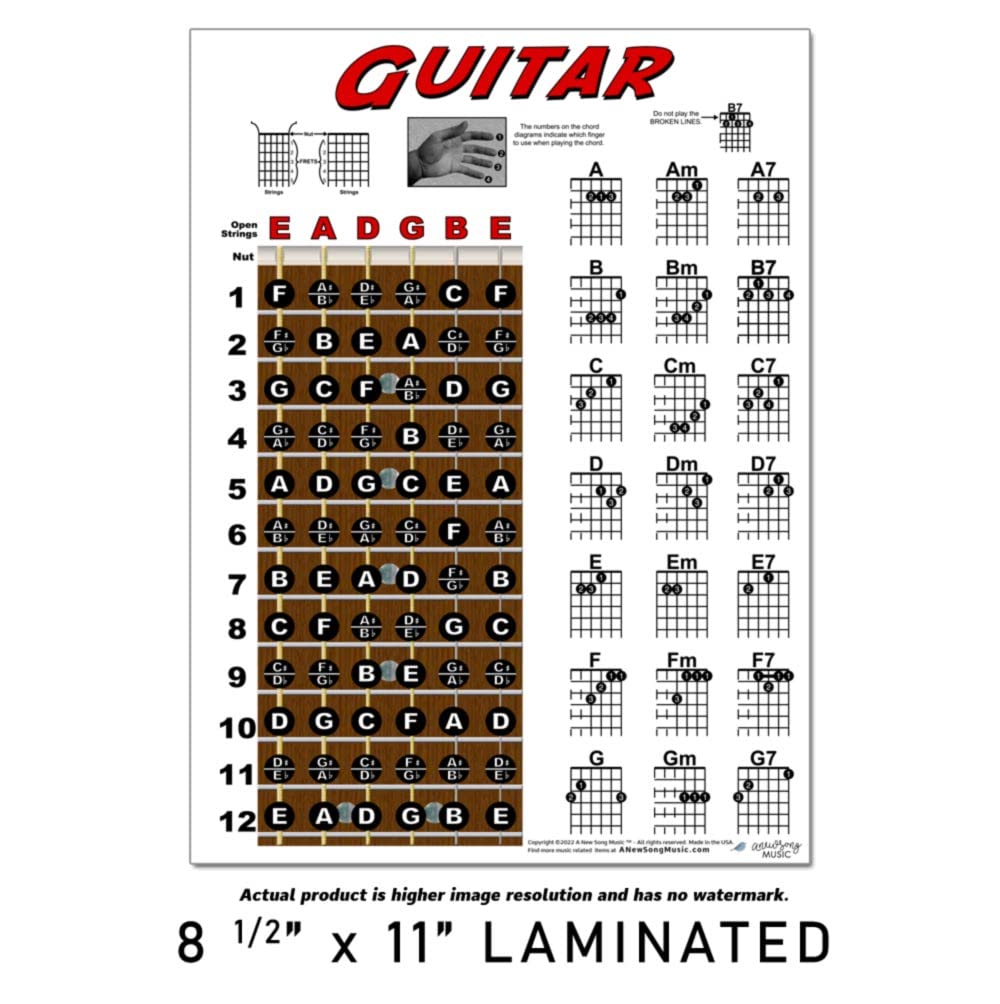 Laminated Guitar Fretboard & Chord Chart - Easy Instructional Poster for Beginner 8.5"x11" | A New Song Music