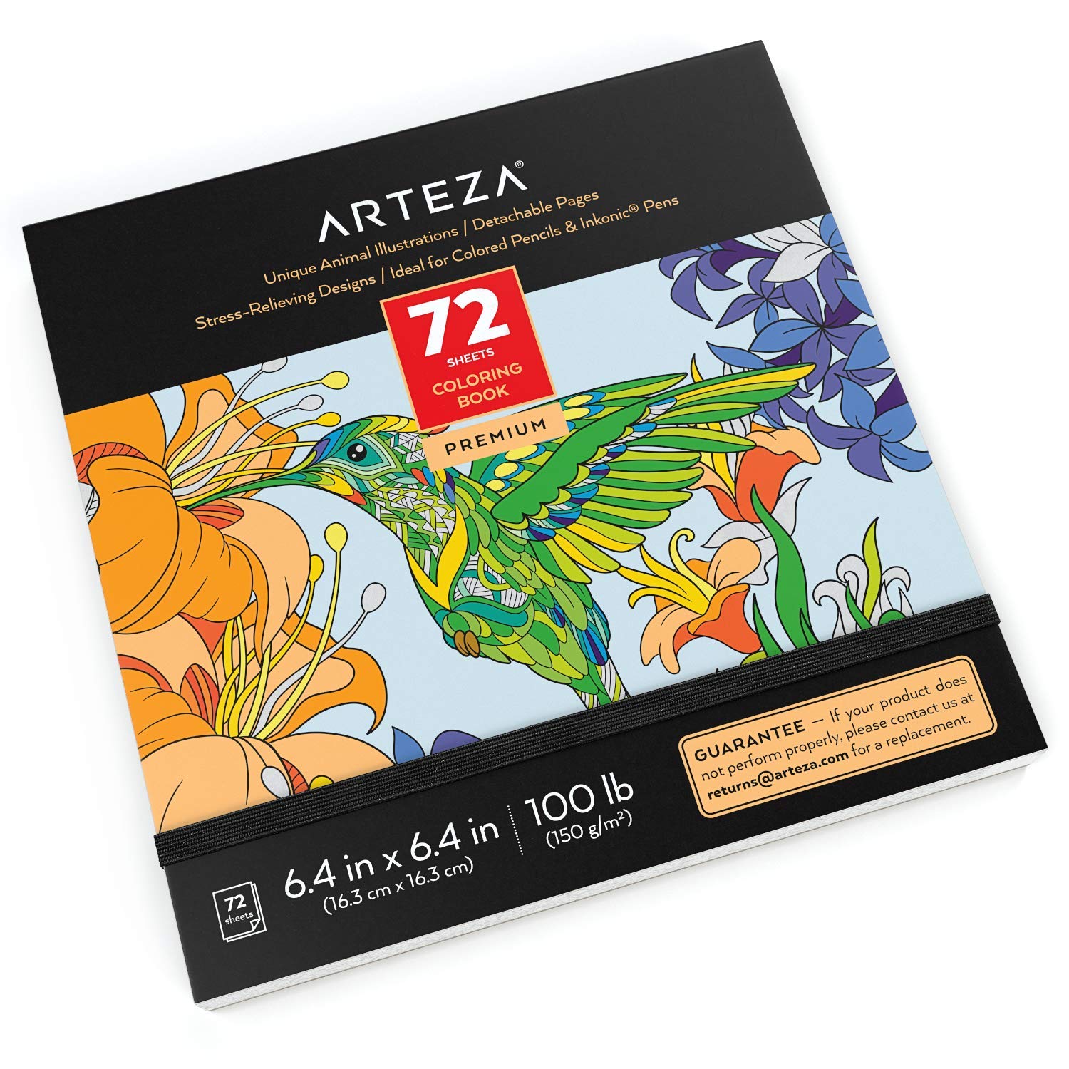 ARTEZA Adult Coloring Book, Animal Designs, 72 Sheets, 6.4x6.4 Inches Coloring Pages, 100 lb Paper