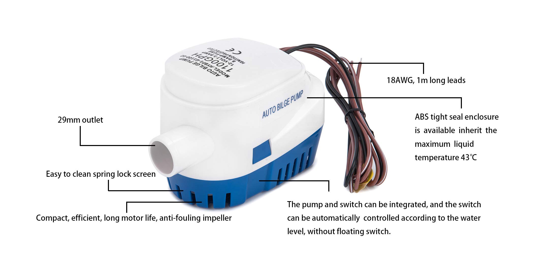 Dontmiss Automatic Submersible Small Boat Bilge Pump 12v 1100gph Auto with Float Switch bilge pump for boat(Outlet Diameter：1 1/8") (1100GPH)