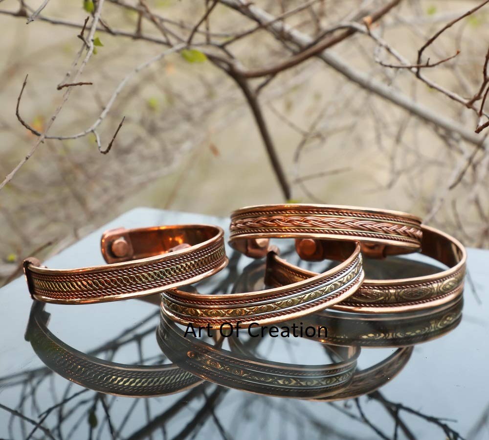 Art Of Creation Set of 4 Pure Copper Bracelets Tibetan Handmade Cuff And Kada For Men And Women | Adjustable Bangle | for Unisex India