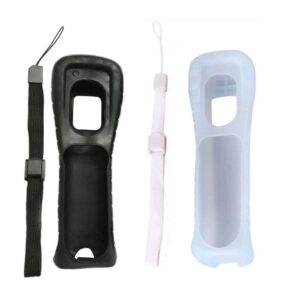 silicone skin case cover with wrist strap for nintendo wii remote (white + black)