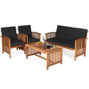 tangkula outdoor 4 pcs acacia wood sofa set w/water resistant cushions, padded patio seating chat set w/coffee table for garden, backyard, poolside (1, black)