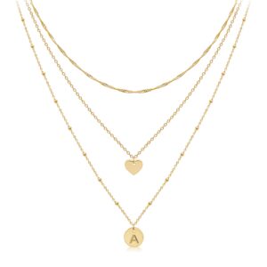 aisansty layered gold heart initial necklaces for women 14k gold plated handmade dainty tiny heart personalized letter coin pendant adjustable layering chain choker necklaces,a necklace