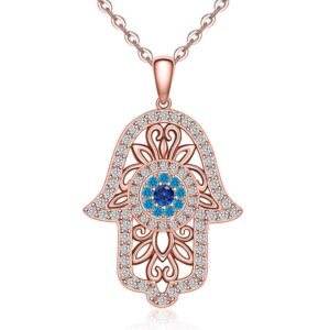 hamsa hand evil eye necklace 925 sterling silver rose gold plated vintage fatima hand good luck women pendant necklace