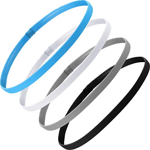 Bememo 4 Pieces Thick Non-Slip Elastic Sport Headbands Hair Headbands for Women and Men (Black, White, Grey, Royal Blue)