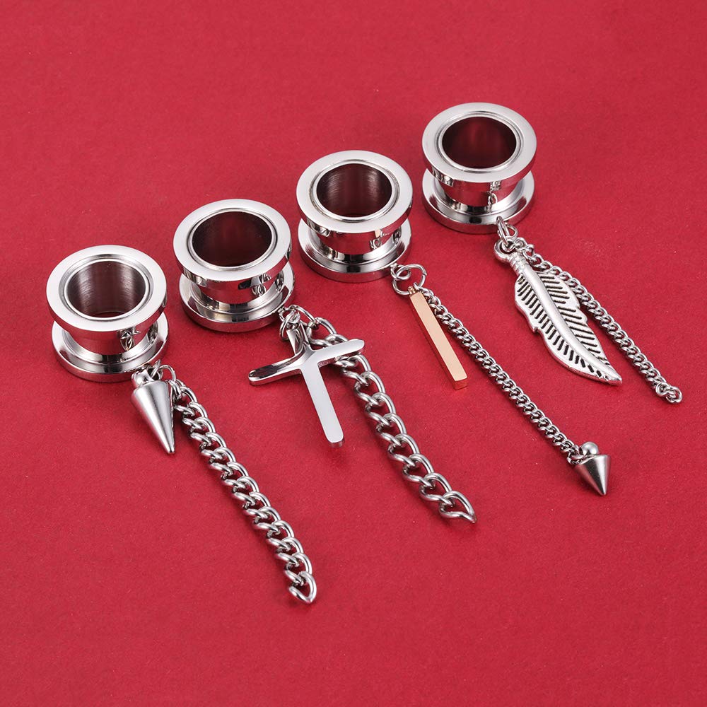 ZS 4 Pieces Feather Chain Dangle Ear Gauge Surgical Steel Ear Tunnel Cross Ear Stretching Piercing 4g - 7/8 inch (Gauge=00g(10mm))