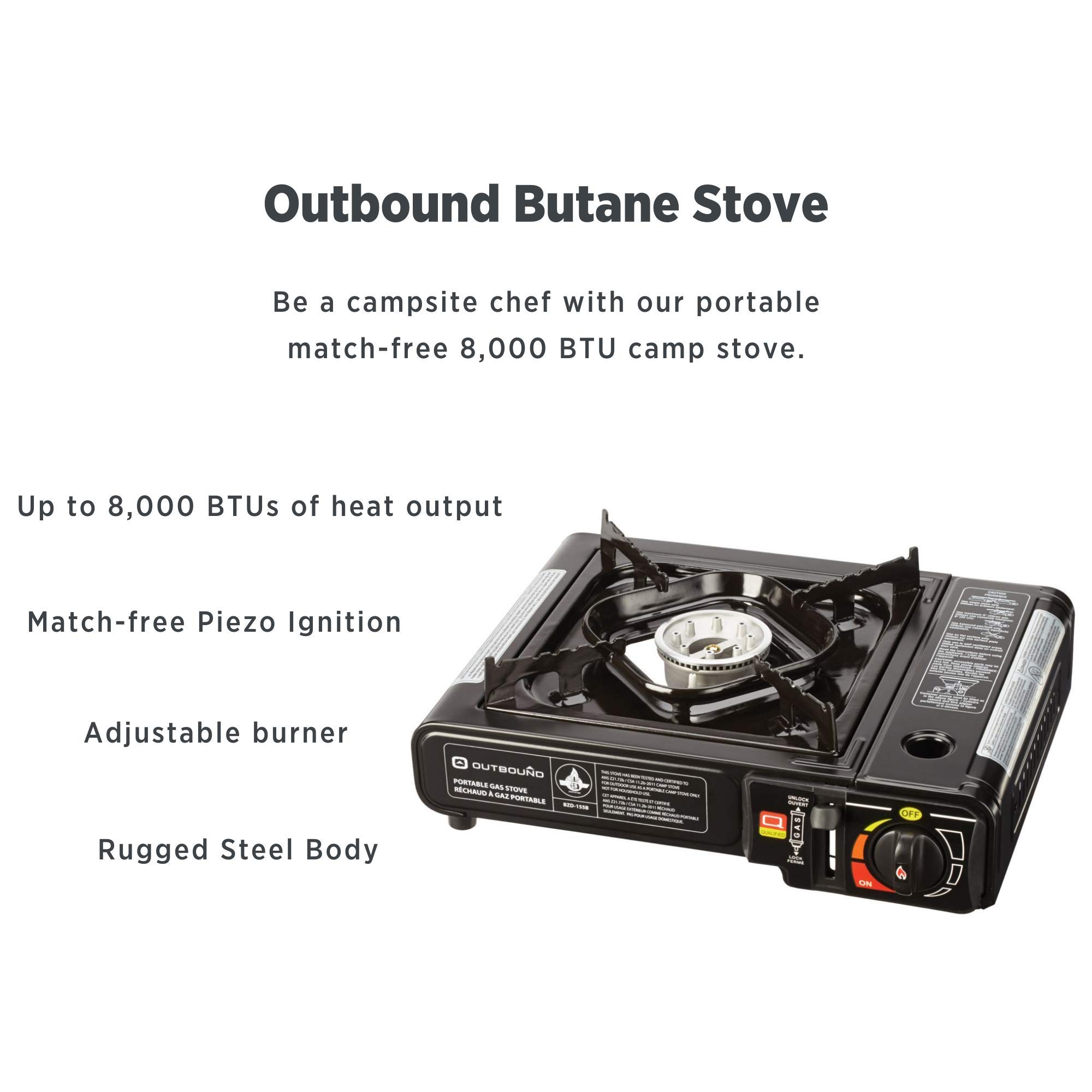 Outbound Camping Stove | Portable Single Burner Butane Gas Stove | Stainless Steel | Carry Case Included | 8,000 BTUs