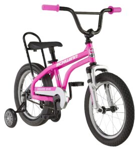 schwinn krate evo kids bike for boys and girls ages 3-5 years, 16-inch wheels, rider height 38 to 48-inches, removable training wheels, rear coaster brake, raspberry