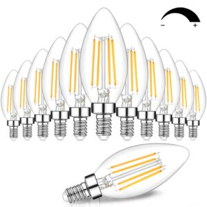 12-pack dimmable e12 led candelabra bulbs 60w equivalent, 2700k soft warm white, 600 lumens b11 candle base 6w c35 led filament vintage light bulbs, clear glass for chandelier ceiling fan high cri 90+