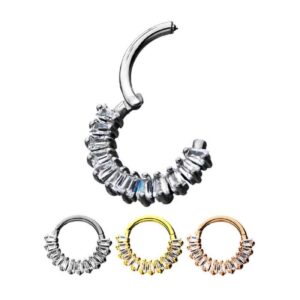 Pierced Owl 16G Stainless Steel Baguette CZ Crystal Lined Helix Cartilage Daith Septum Hinged Segment Clicker Ring (Gold Tone)