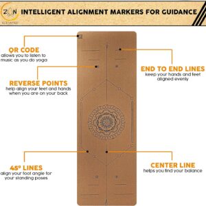 Natural Cork Yoga Mat 5.5mm thick Nonslip Hot Yoga Pilates with Carrying Strap and Lightweight - for hot Yoga and Outdoor or Indoor Yoga - brown chakra wheel design with alignment marks arc lines