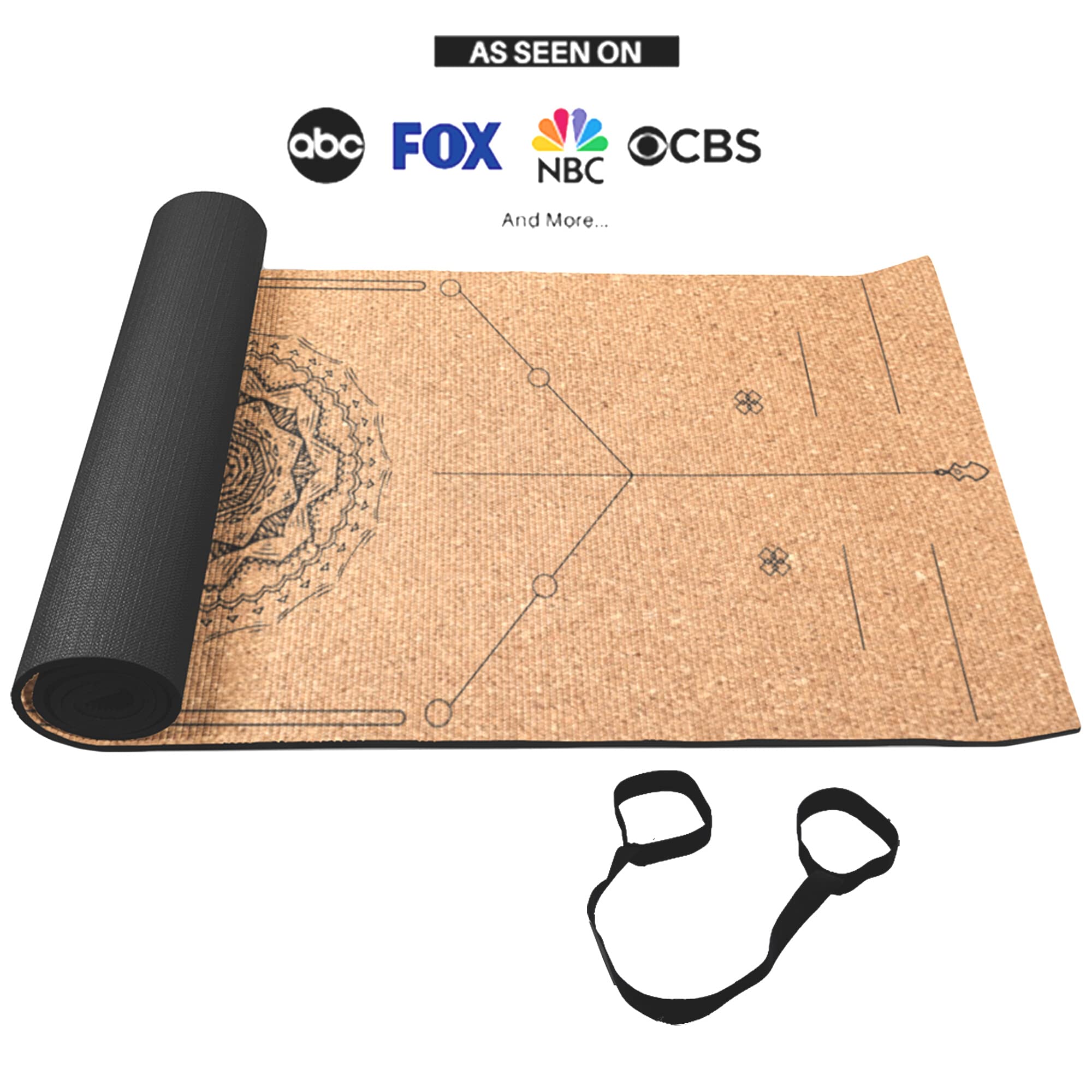 Natural Cork Yoga Mat 5.5mm thick Nonslip Hot Yoga Pilates with Carrying Strap and Lightweight - for hot Yoga and Outdoor or Indoor Yoga - brown chakra wheel design with alignment marks arc lines