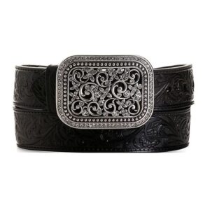 ariat black tooled belt with rhinestone buckle m