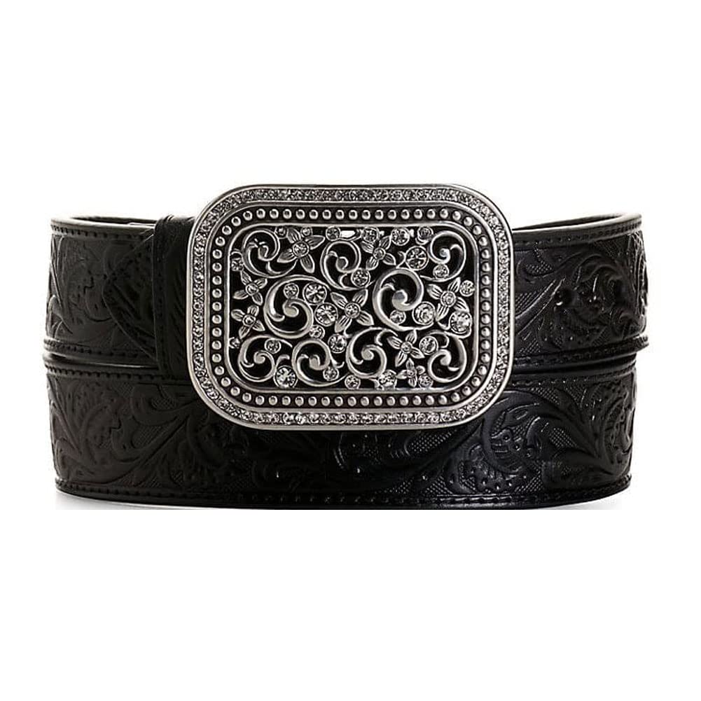 ARIAT Black Tooled Belt with Rhinestone Buckle M