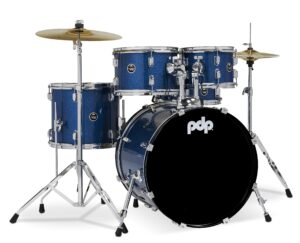 pdp by dw center stage complete drumkit, 5 drum set, royal blue sparkle, 7x10, 8x12, 12x14 floor, 14x20 kick, 5x14 snare (pdce2015ktrb)