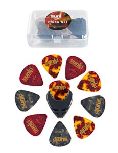 premium guitar picks 24pcs thin medium heavy gauge variety pack with picks holder plastic picks box sunlp celluloid guitar picks for acoustic classical electric guitar bass 0.46mm & 0.71mm & 0.96mm