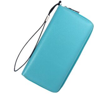 lavemi women's rfid blocking 100% leather large capacity zip around wallet phone holder clutch travel purse wristlet(large size pebbled tiffany blue)