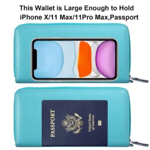 Lavemi Women's RFID Blocking 100% Leather Large Capacity Zip Around Wallet Phone Holder Clutch Travel Purse Wristlet(Large Size Pebbled Tiffany Blue)