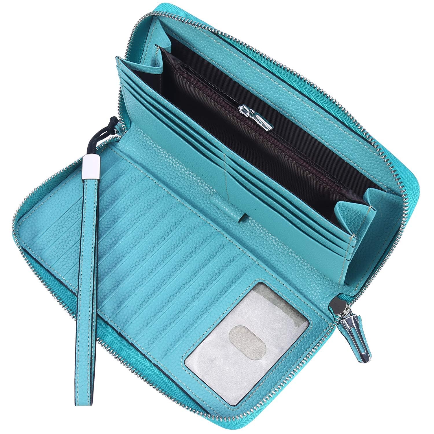 Lavemi Women's RFID Blocking 100% Leather Large Capacity Zip Around Wallet Phone Holder Clutch Travel Purse Wristlet(Large Size Pebbled Tiffany Blue)